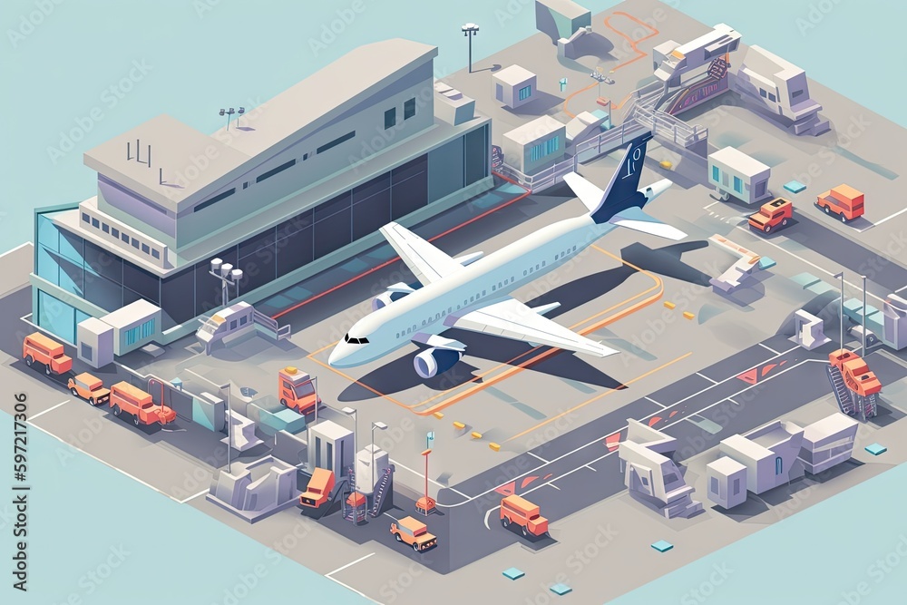 isometric view of busy airport terminal, with airplanes taking off and landing, created with ...