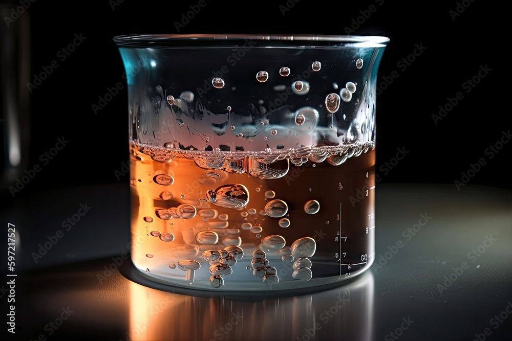 close-up of beaker of bubbling liquid, with visible signs of chemical ...