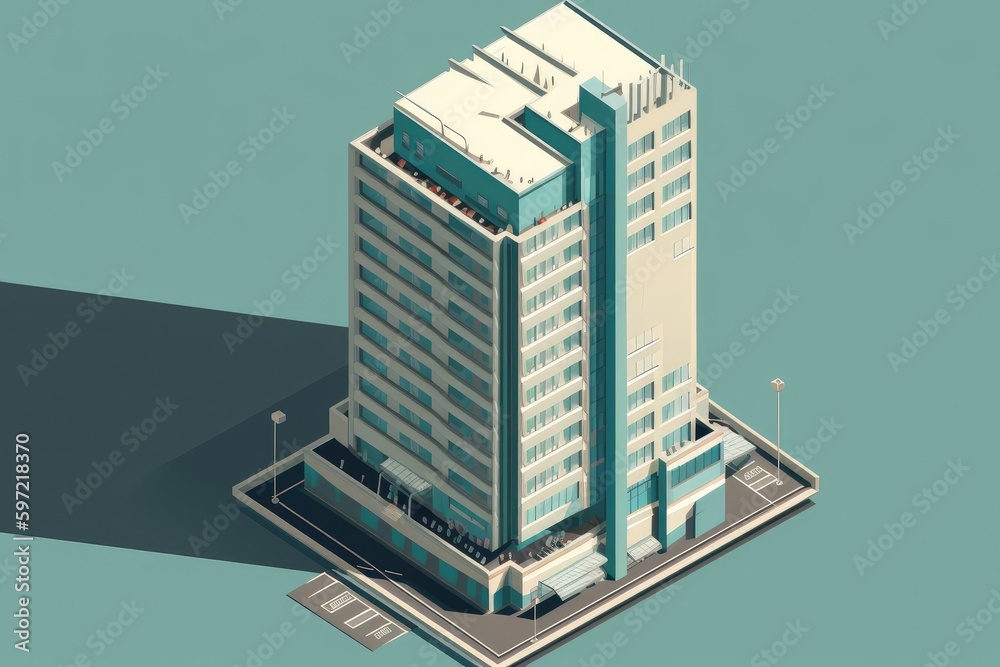skyscraper, with its exterior windows and details visible in isometric ...