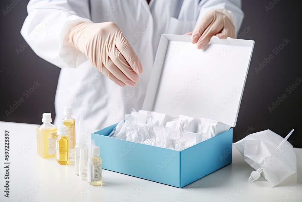 person, grabbing box of tissues and nasal spray while preparing to ...