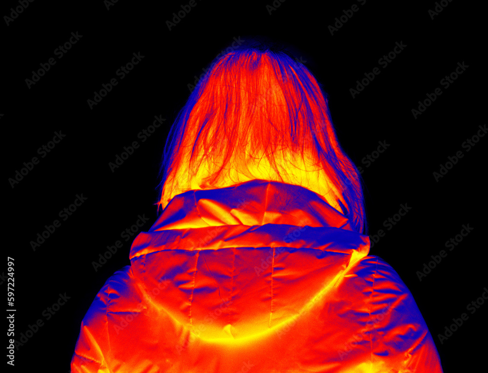 Girl, rear view. Illustration of thermal image. Blurred unrecognizable ...