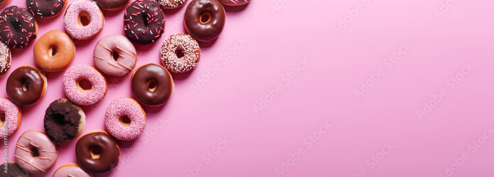 Sweet bright Donuts in various glazes and colored toppings on a trendy ...