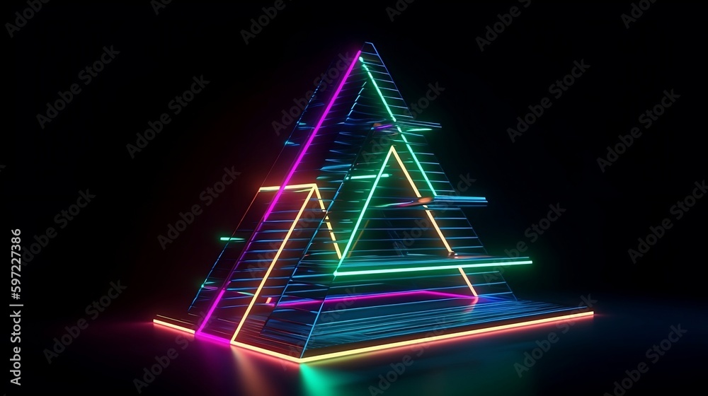 Minimalist 3D rendering: pyramid-shaped neon lines on dark background ...