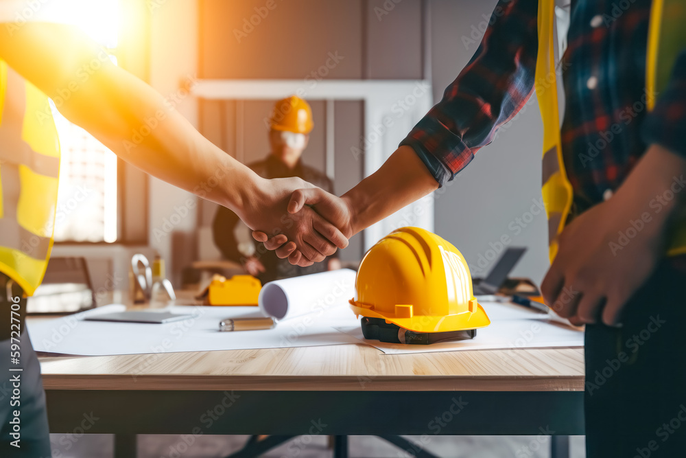 Engineering team shaking hands with yellow safety helmet on workplace ...