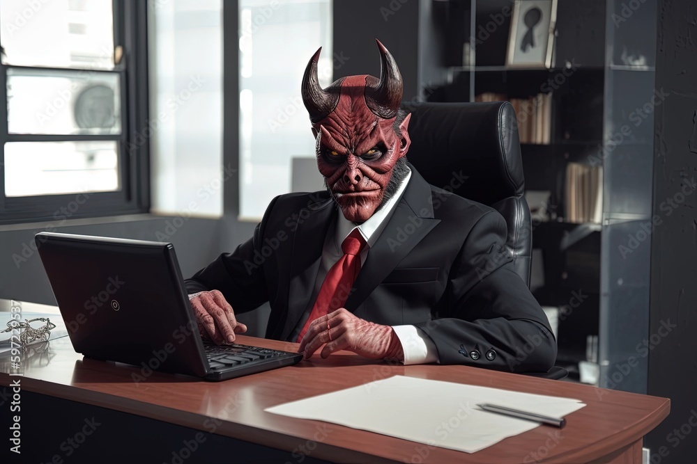 Stockillustratie Evil boss concept - A man in a devil mask sitting at a ...