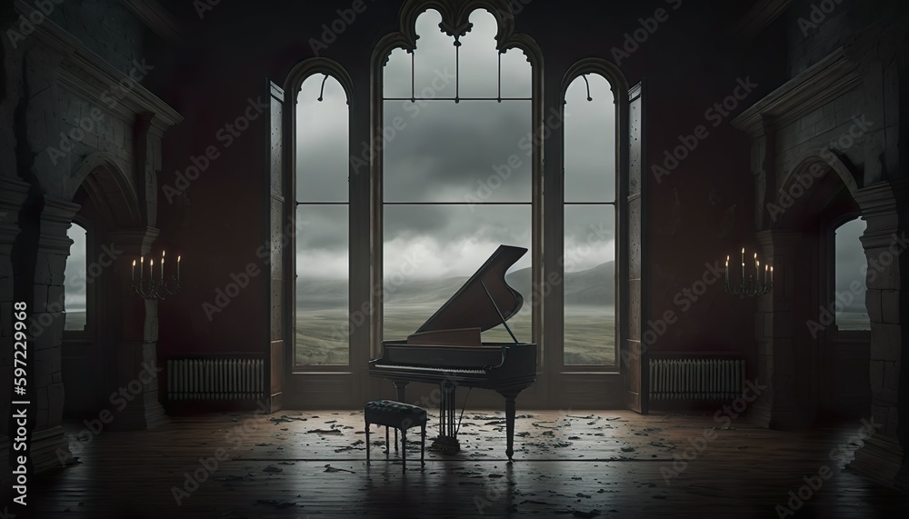 Grand Piano in Old Scottish Castle by Large Window, Dark Clouds in ...