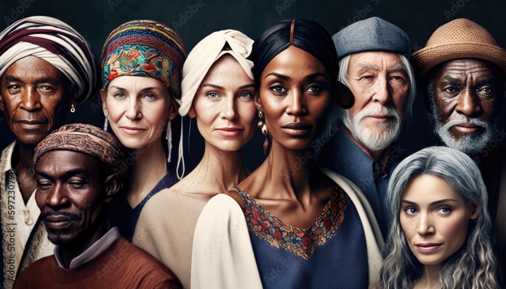 group of women and men with different races and skin colors gathered ...