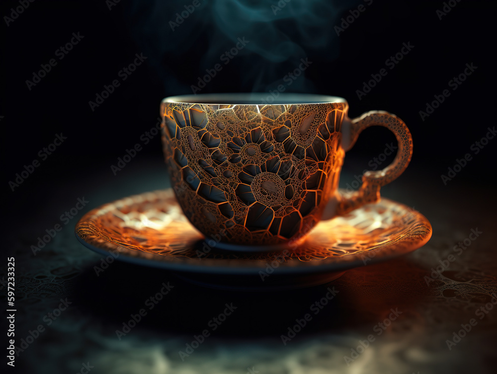 Ceramic hot coffee mug with fractal geometry. Coffee cup painted in ...