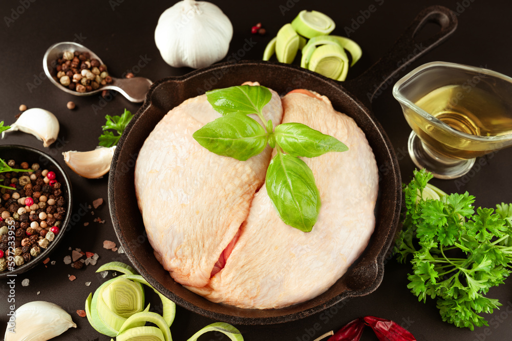 Skinless chicken meat.Fresh raw skinless chicken thigh meat with fresh ...