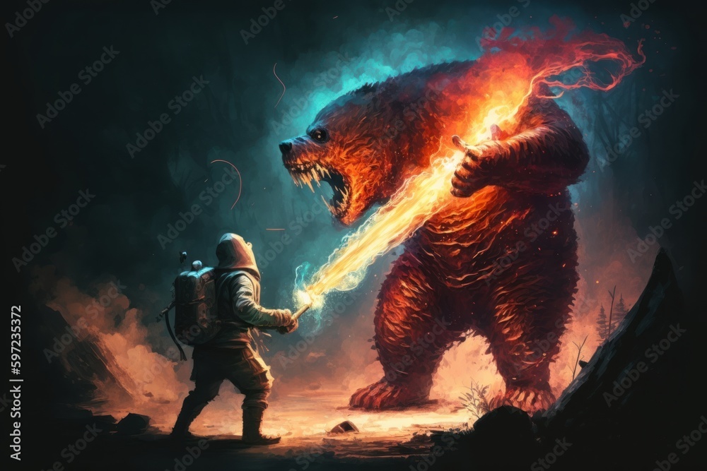 illustration painting of a man with a flamethrower fighting with a ...