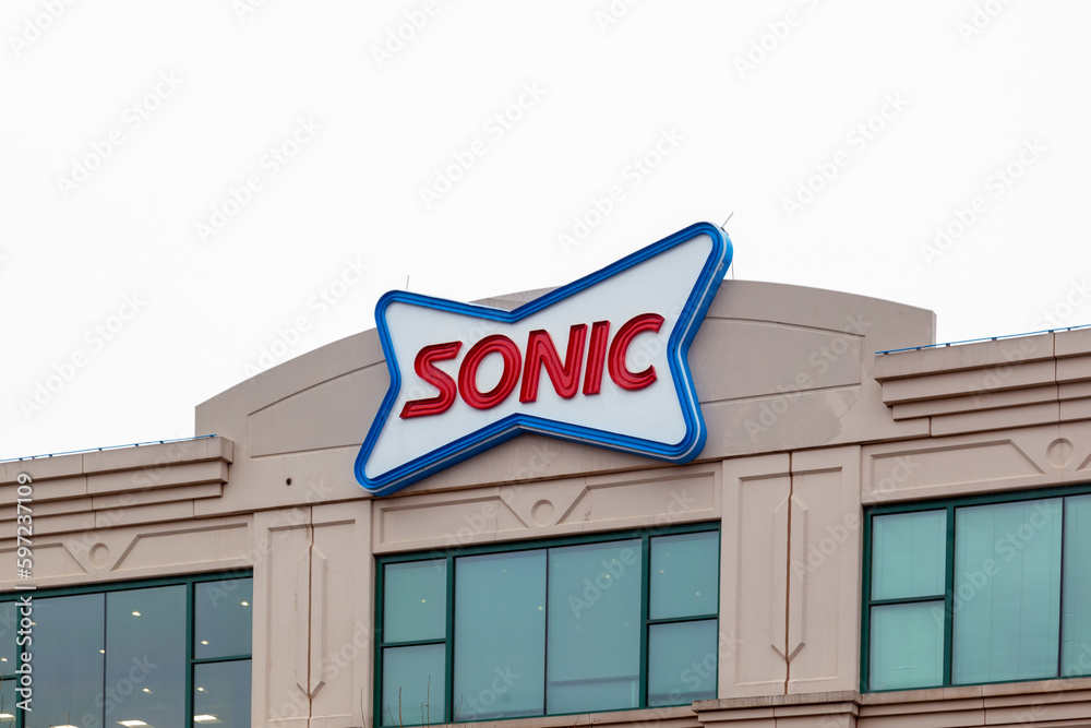 Oklahoma City, OK, USA - March 21, 2022: Close up of Sonic logo on the ...