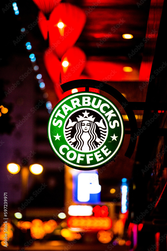 Sign Starbucks Coffee . Company signboard Starbucks Coffee . Logo in ...