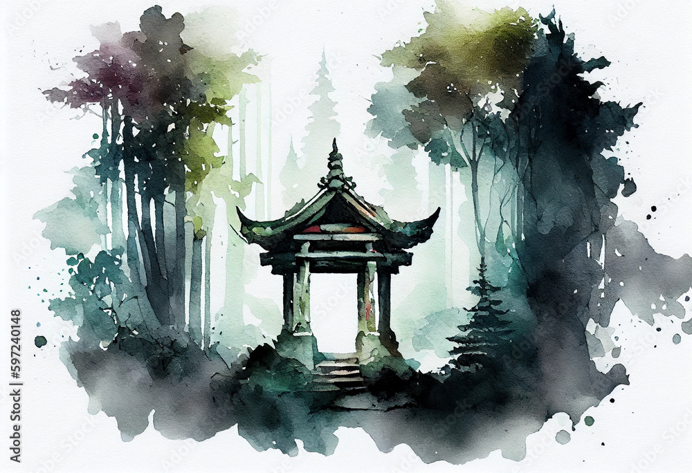 A misty forest with a hidden shrine, portraying the mystical and ...