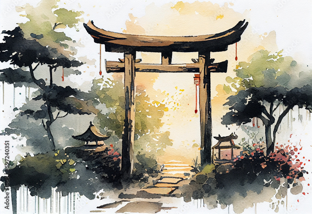 A tranquil garden with a Shinto torii gate, signifying the threshold ...