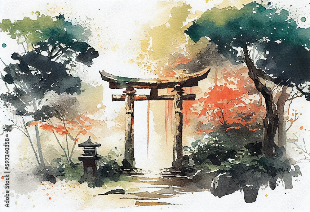 A tranquil garden with a Shinto torii gate, signifying the threshold ...