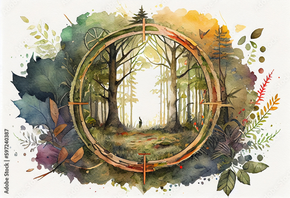 A serene forest clearing with a Native American medicine wheel ...