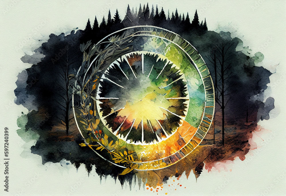 A serene forest clearing with a Native American medicine wheel ...