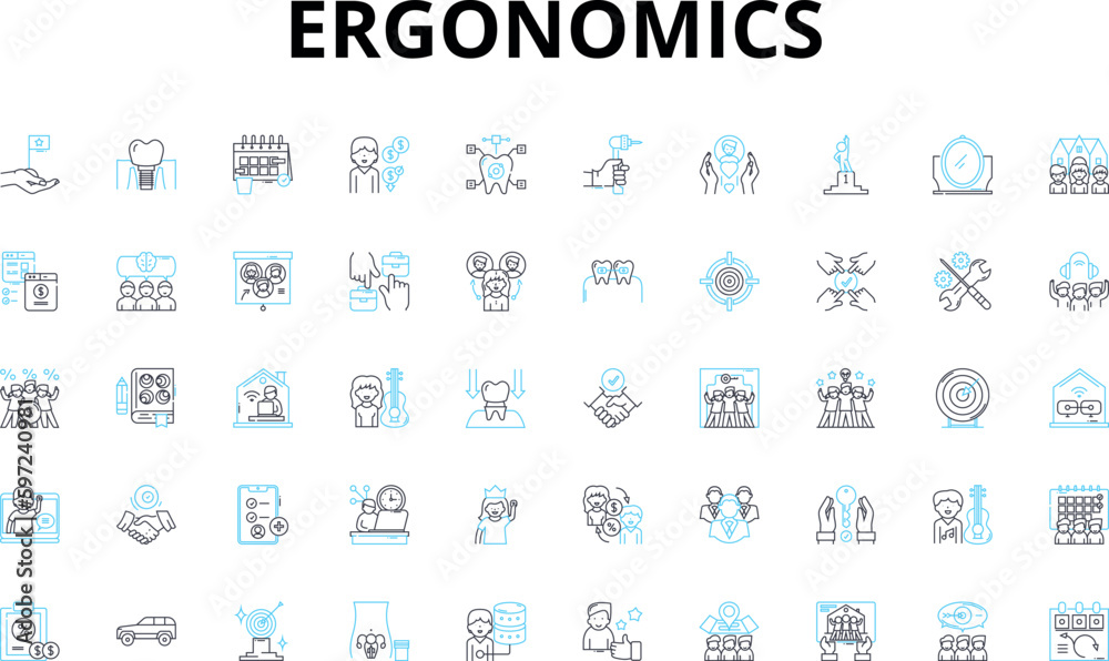 Ergonomics linear icons set. Comfort, Posture, Health, Efficiency ...