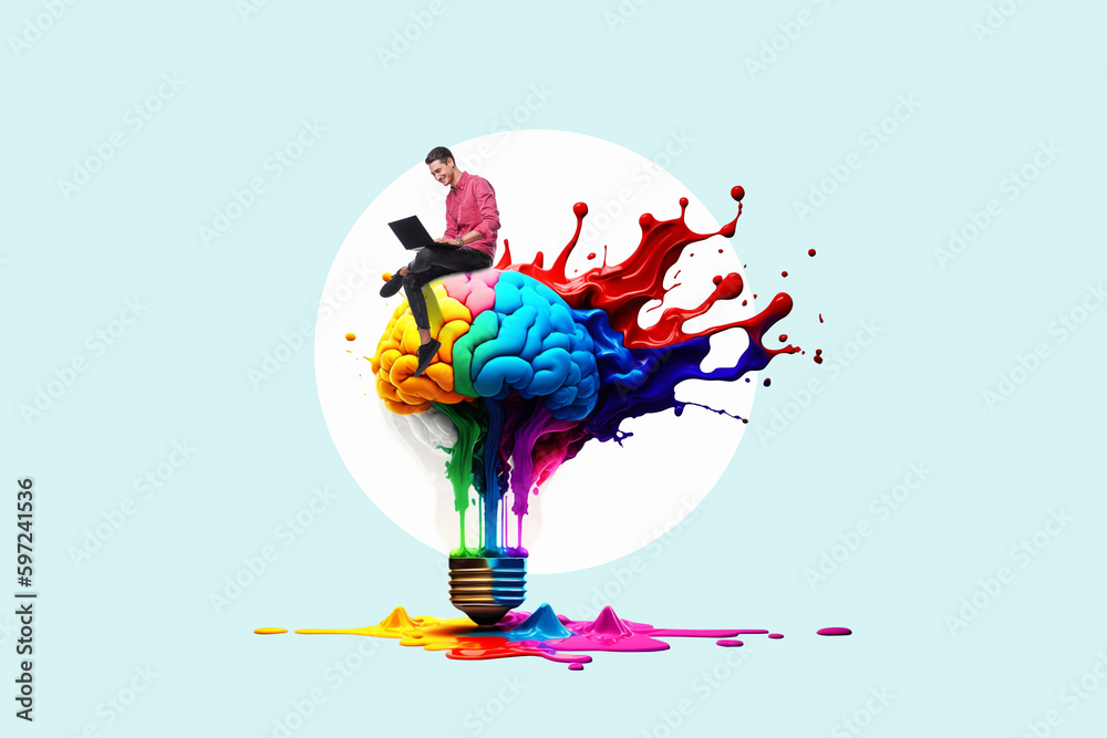 A man with a laptop is sitting on light bulb with human brain as a idea ...