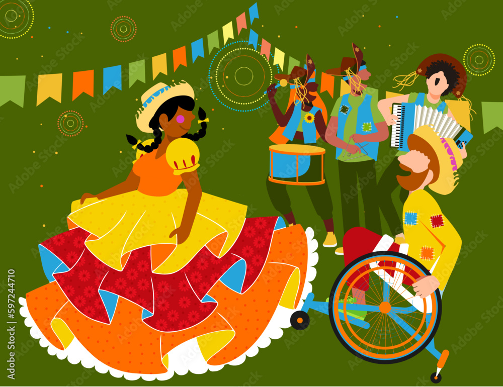 Festa Junina e Diversidade - Vetor de Homem cadeirante dançando e ...