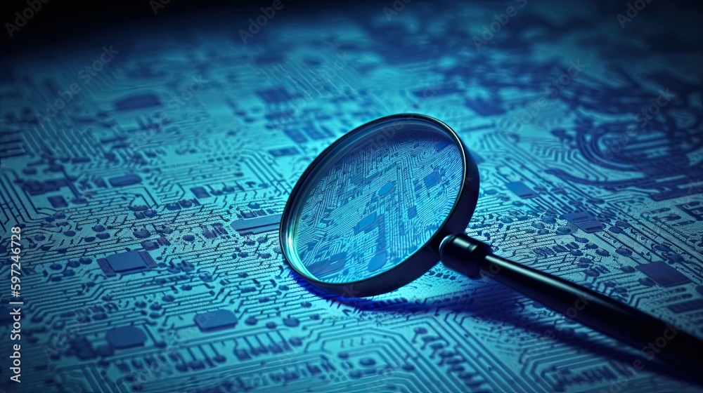 Gold Magnifying Glass Investigates Computer Virus: Blue Light Reveals ...