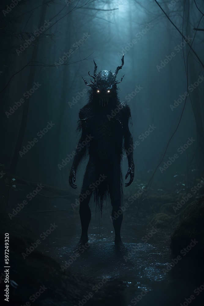 A monster with glowing eyes from another dimension is standing in a ...