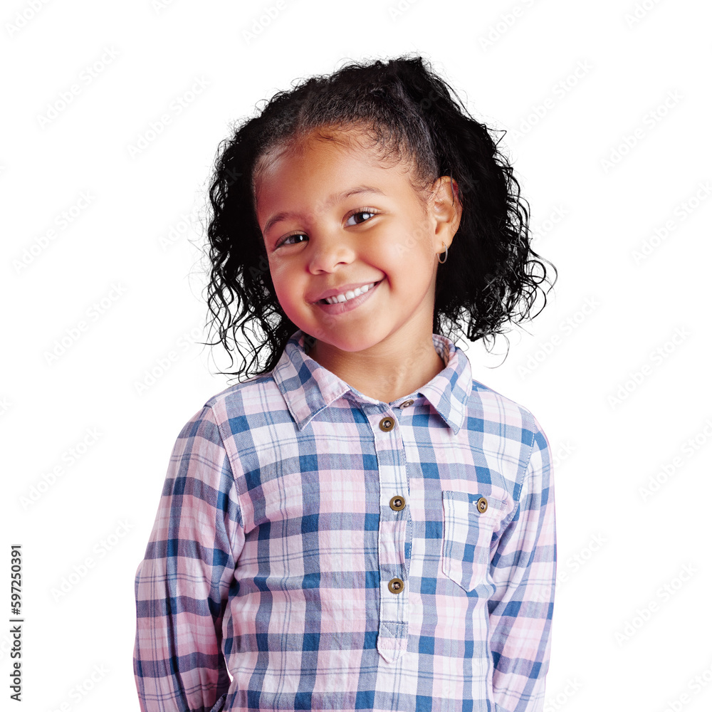 Portrait, smile and girl child isolated on a transparent png background ...