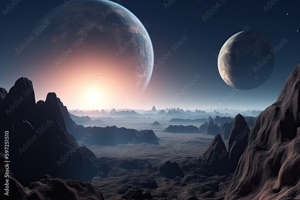 Surface of unknown planet with craters and mountains. Rising star in ...