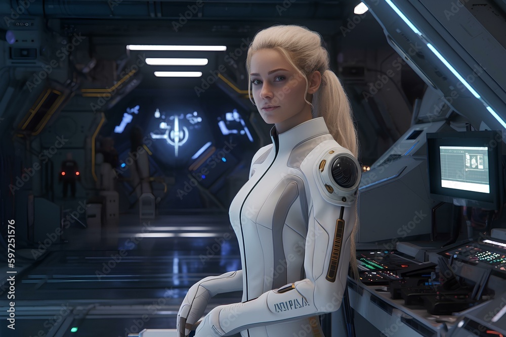beautiful blonde girl in white space force uniform on the command deck ...