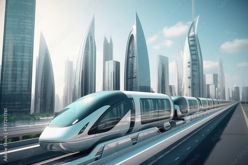 Futuristic public transport. Modern high speed train in city ...
