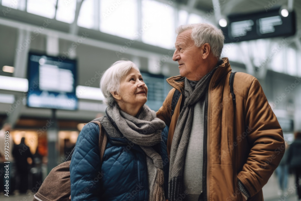 Elderly couple in airport terminal travelling together. Cheerful ...
