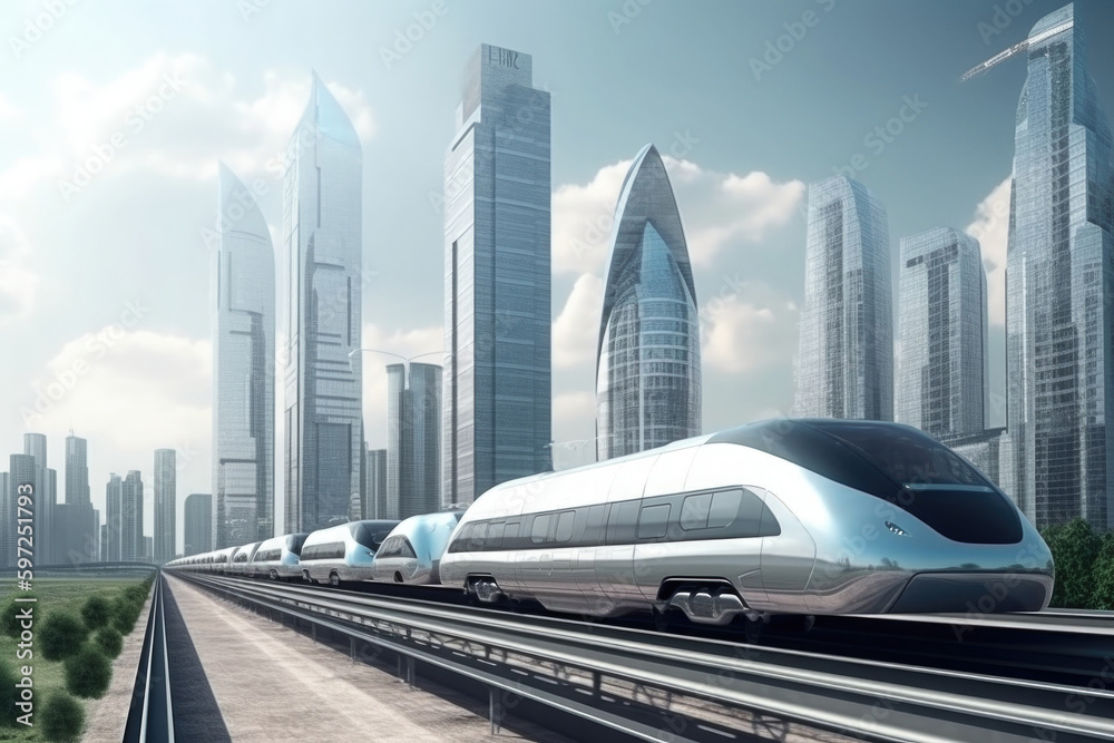 Futuristic public transport. Modern high speed train in city ...