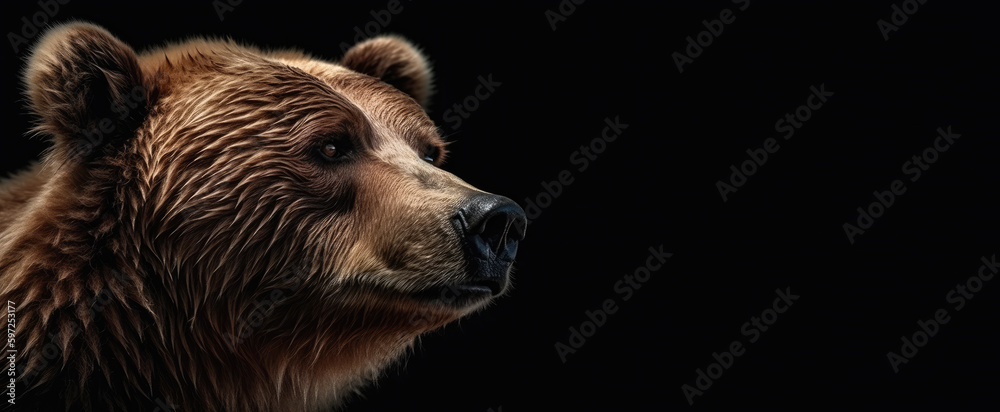 The head of a bear in profile close-up. Panoramic image of a brown bear ...