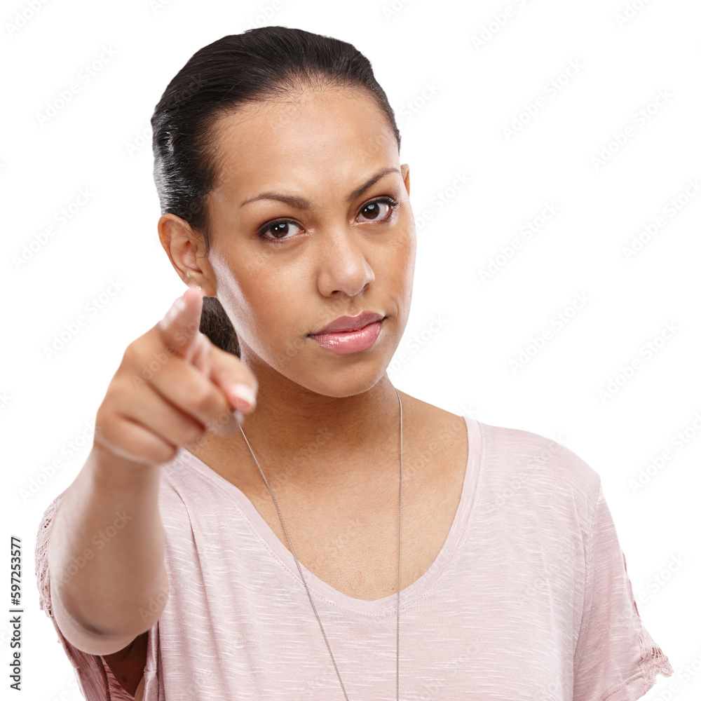 Angry, pointing and portrait of a woman with discipline on an isolated ...