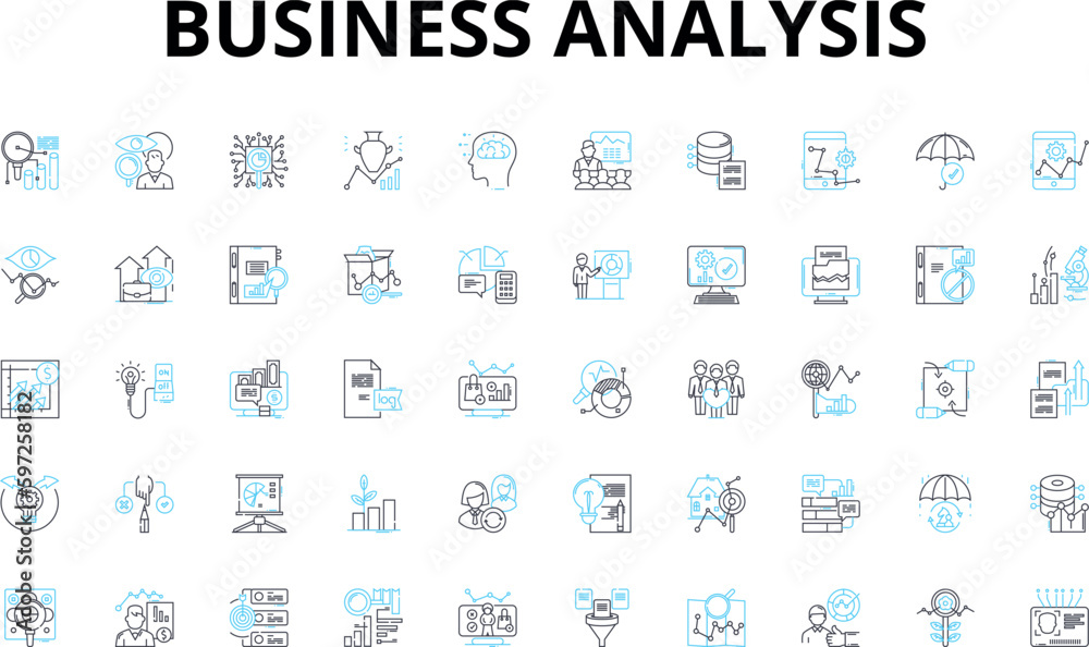 Business analysis linear icons set. Metrics, Strategy, Data, Goals ...