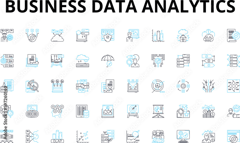 Business data analytics linear icons set. Insights, Metrics ...