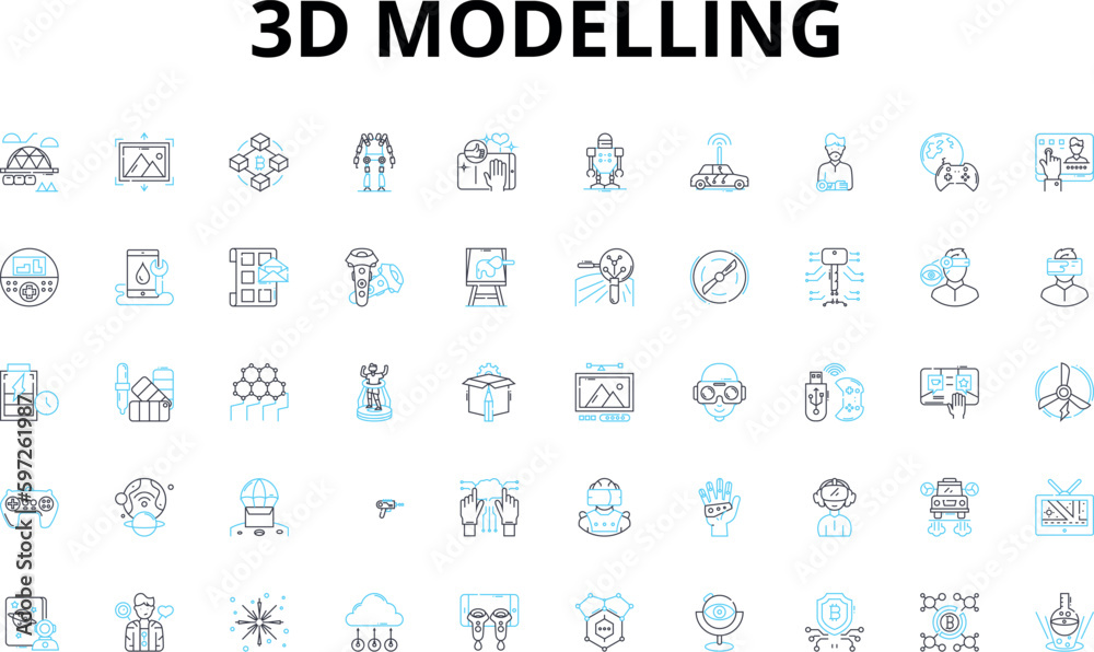 3d Modelling Linear Icons Set Rendering Sculpting Texturing Animation Modeling Rigging