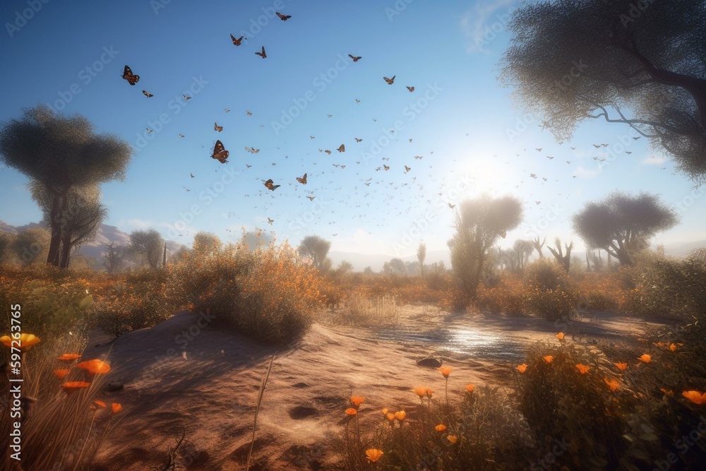 Detailed nature scene with floating butterflies and bees in desert ...