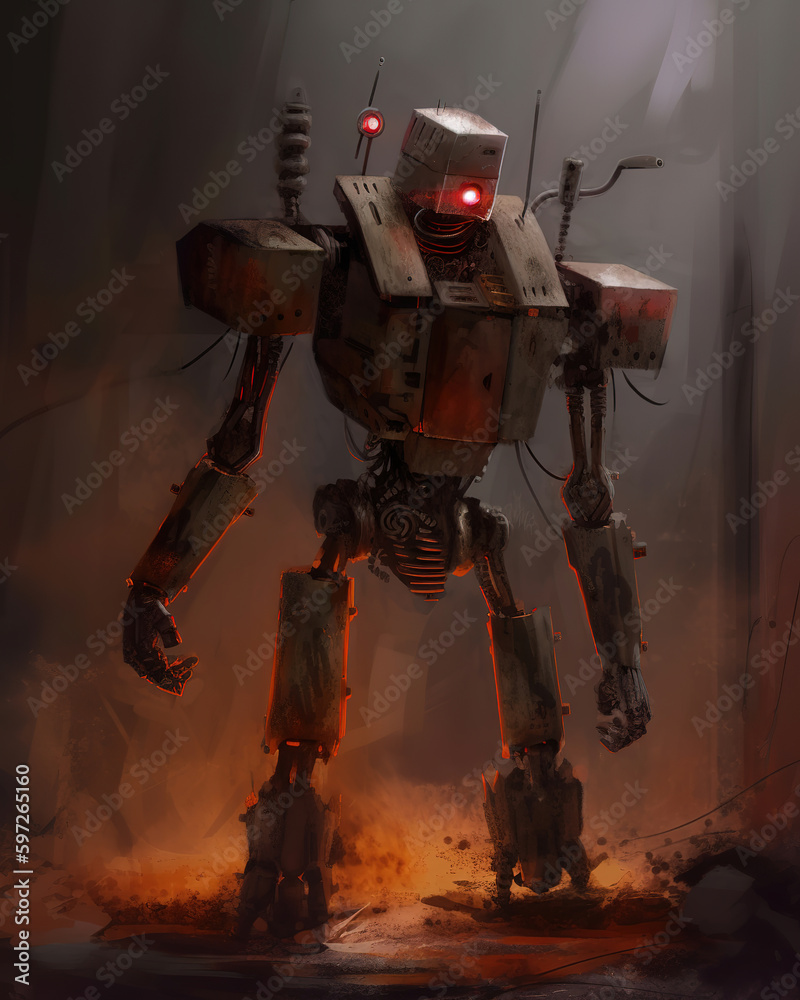 painting of a robot in a post-apocalyptic world, with rusted metal ...