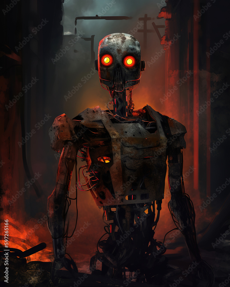 painting of a robot in a post-apocalyptic world, with rusted metal ...