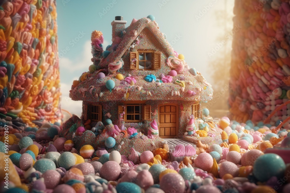 Candyland dream house with sugary sweets. Vertical artwork. Generative ...