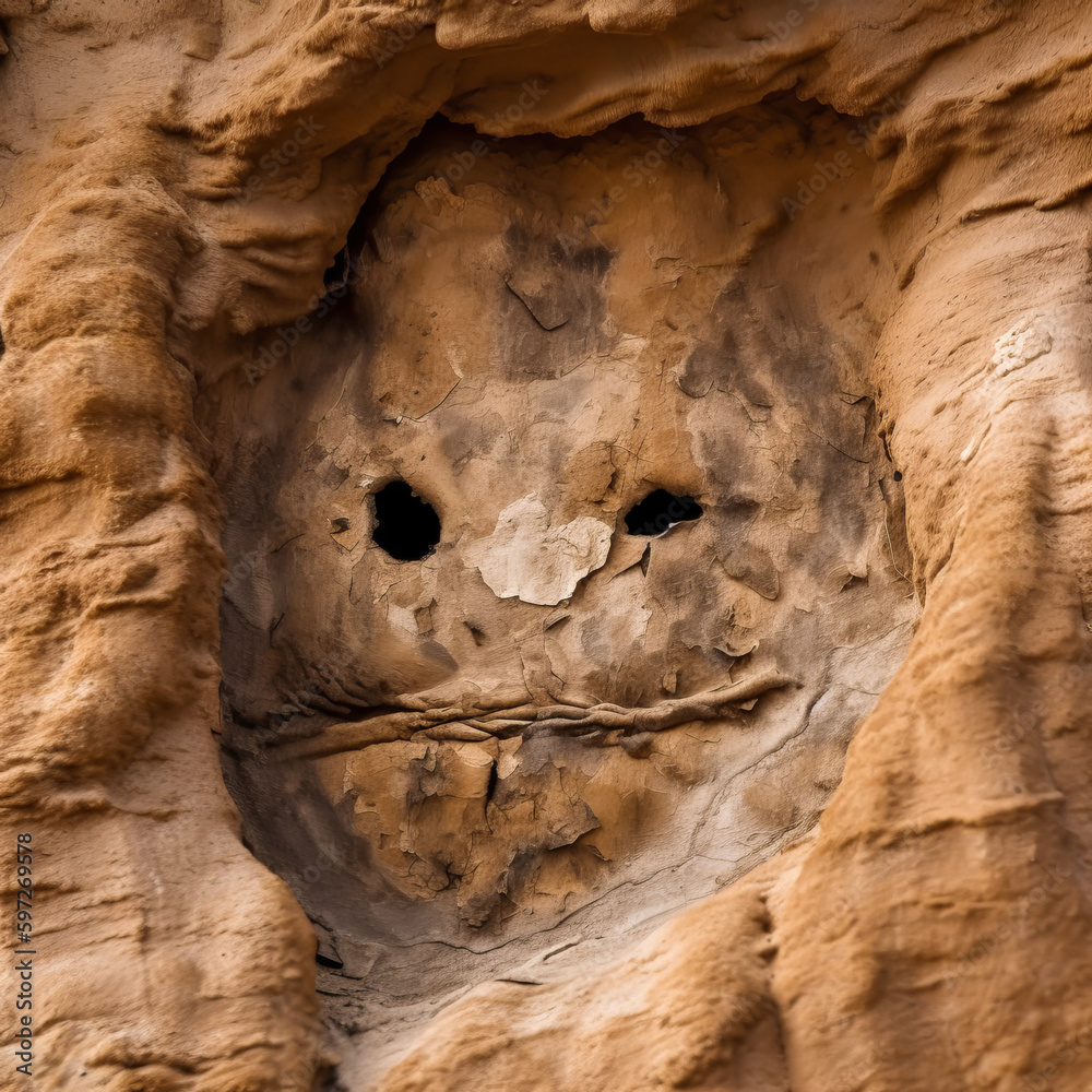 Nature's pareidolia with a face-like shape emerging from a rocky cliff ...