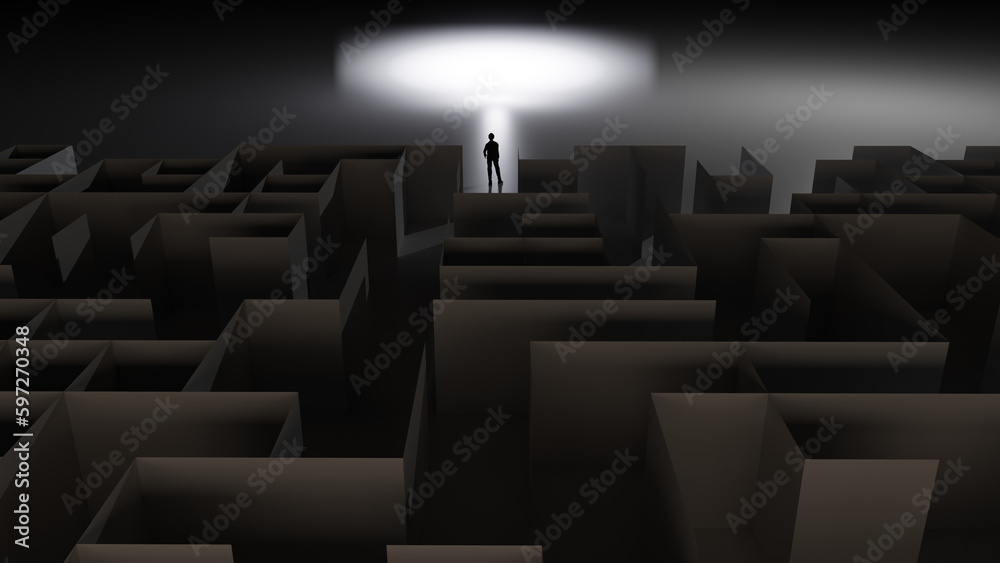 3d render of man exiting a maze and facing a bright light. Raytraced ...