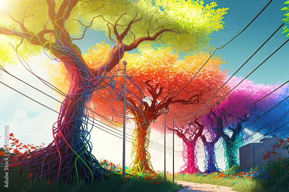 Grove of synthetic trees made of colorful electric wires in sunny day ...
