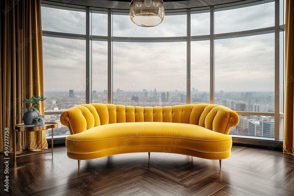 Bright yellow velvet sofa in chic penthouse with stunning city view ...