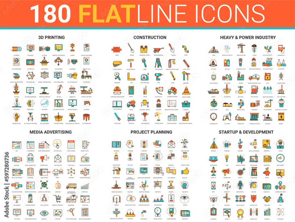 Flat thin line icon vector illustration with 3d printing development ...