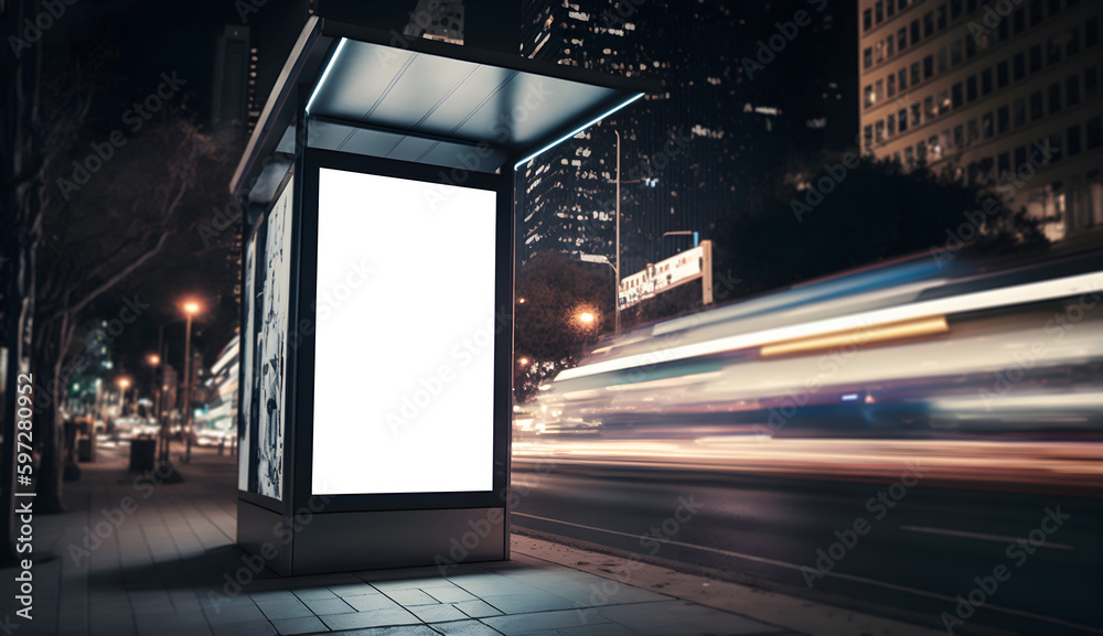 Blank white billboard on roadside in night in city, Blank Advertisment ...