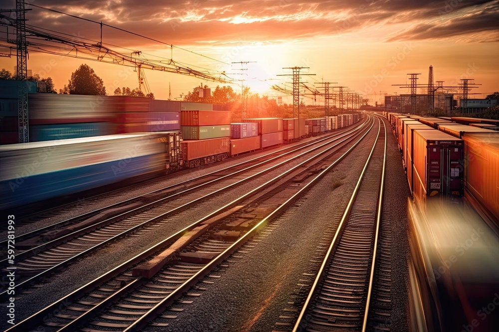 cargo train transporting shipping containers, depicted with motion blur ...