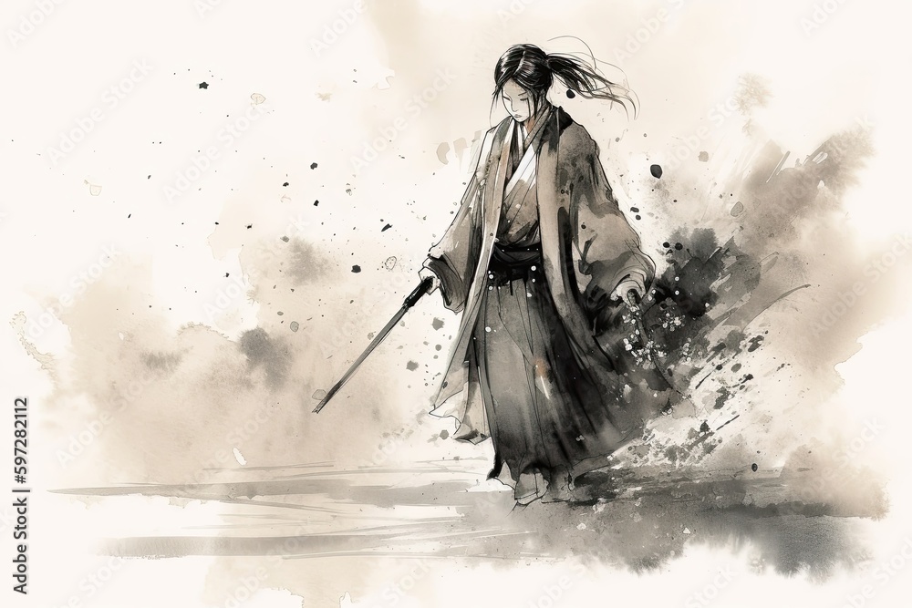 The ink painting depicts a beautiful female samurai in the style of ...