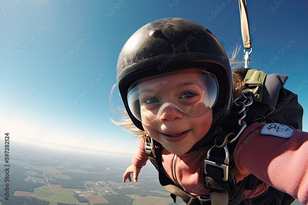 Baby skydiver. During the parachute jump, the joyful little child is ...